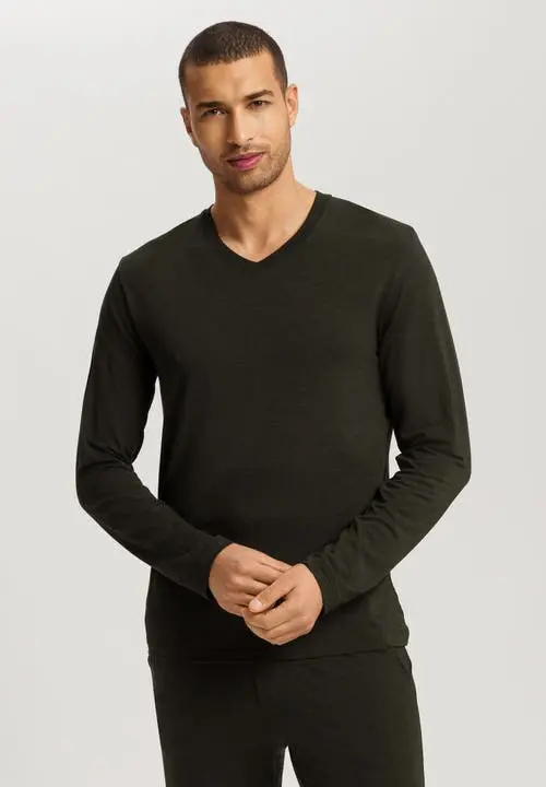 Hanro Long Sleeve V-neck Top - Earthy Ink Melange