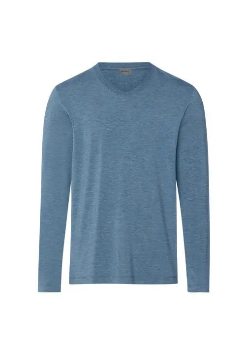 Hanro Casuals Long Sleeve V-neck Top - Retro Blue Melange