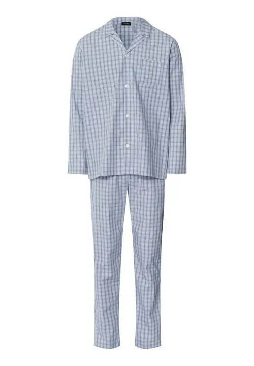 Hanro Night And Day Notch Collar Cotton Pajama Set - Sea Breeze Check
