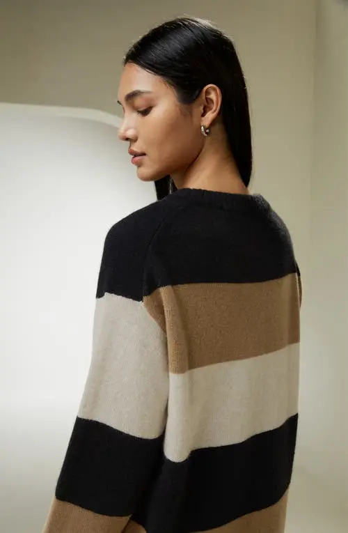 Lilysilk Cashmere Sweater With Block Stripes And Slit Cuffs