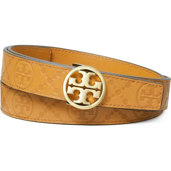 Tory Burch Miller Debossed T Monogram Leather Belt - Tan/ Gold