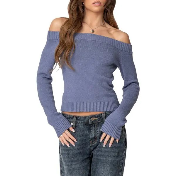 EDIKTED Elona Off-the-shoulder Knit Top - Blue