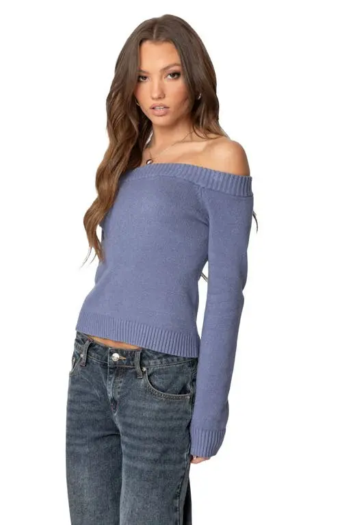EDIKTED Elona Off-the-shoulder Knit Top - Blue