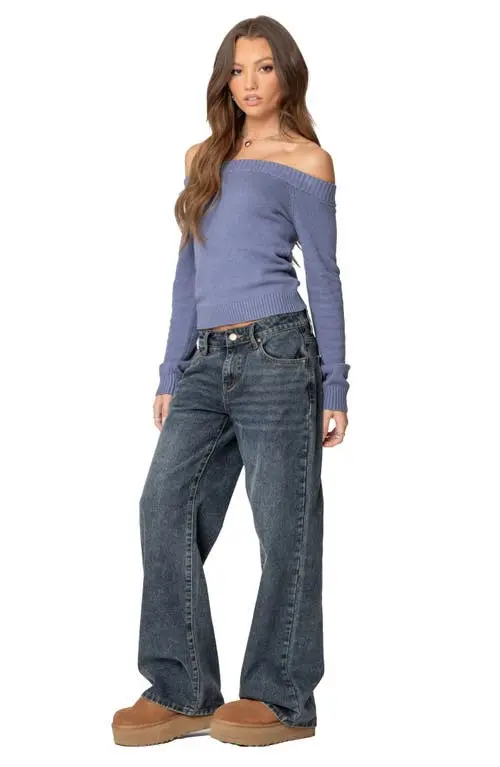 EDIKTED Elona Off-the-shoulder Knit Top - Blue