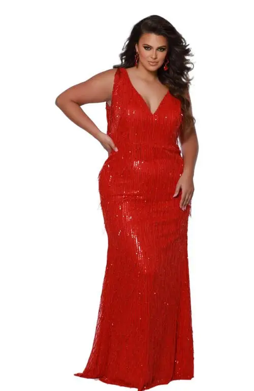 SYDNEY'S CLOSET V-neck Sequin Fringe Gown