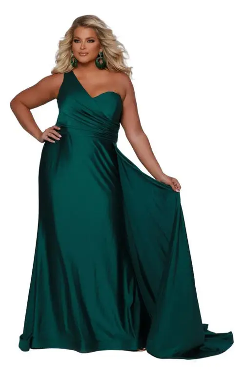 SYDNEY'S CLOSET One-shoulder A-line Gown With Cape Effect