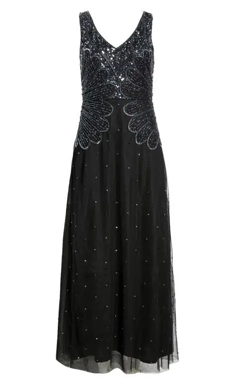 Pisarro Nights Beaded Sleeveless Chiffon Dress - Black