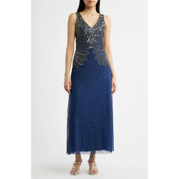 Pisarro Nights Beaded Sleeveless Chiffon Dress - Denim