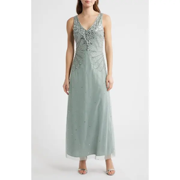Pisarro Nights Beaded Sleeveless Chiffon Dress - Sage