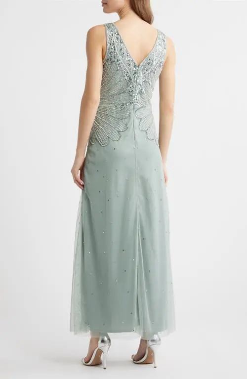 Pisarro Nights Beaded Sleeveless Chiffon Dress - Sage
