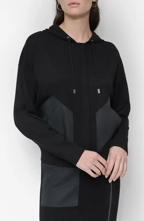 Dkny Mixed Media Drawstring Hoodie - Black