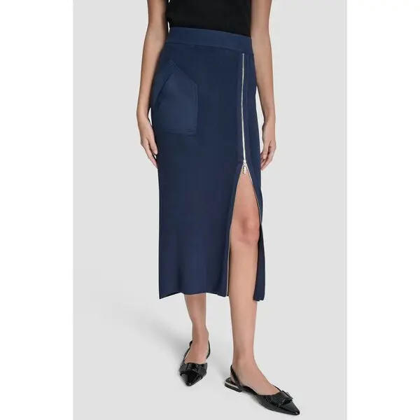Dkny Zipper Slit Midi Sweater Skirt - Hudson Blue