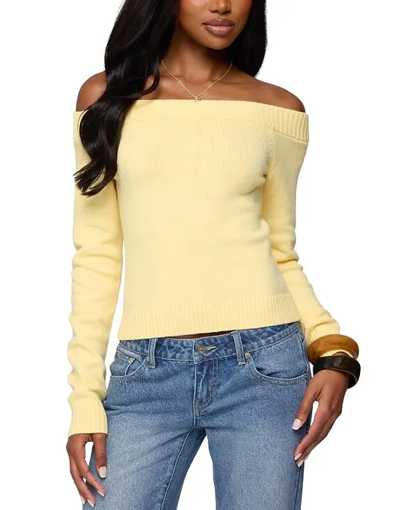 EDIKTED Elona Off-shoulder Knit Top - Yellow