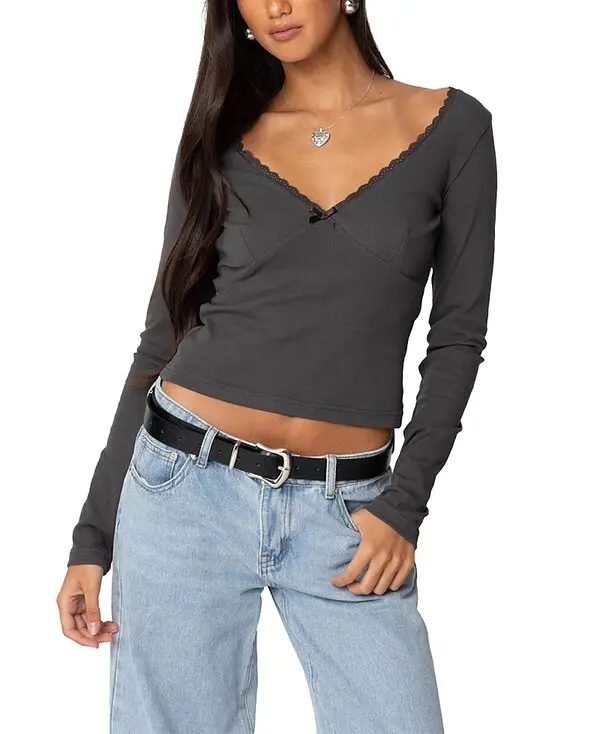 EDIKTED Adrienne Lace Trim Top - Dark Gray