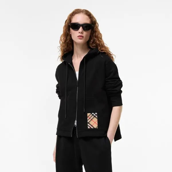 Burberry Zip Hoodie With Check Appliqu - Black