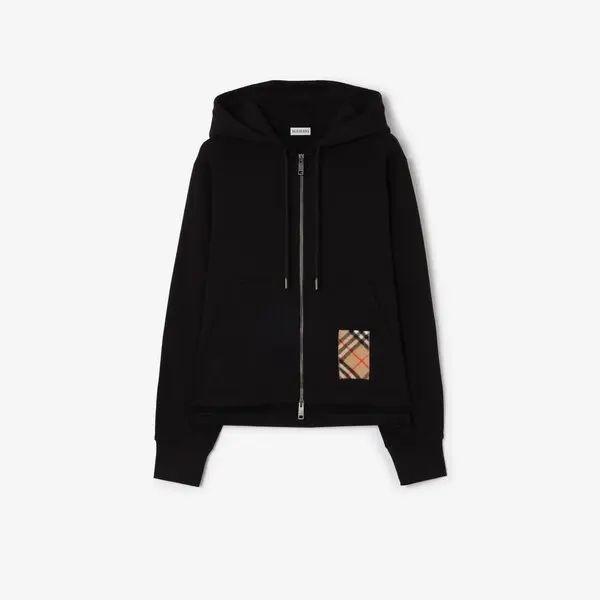 Burberry Zip Hoodie With Check Appliqu - Black
