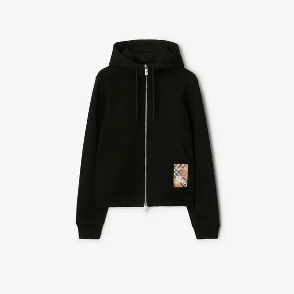 Burberry Zip Up Cotton Hoodie With Check Label - Black