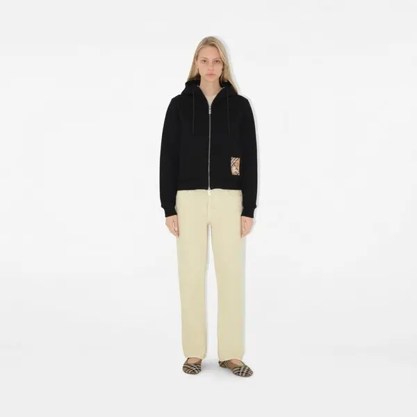 Burberry Zip Up Cotton Hoodie With Check Label - Black