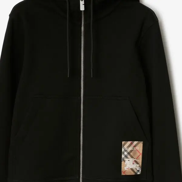 Burberry Zip Up Cotton Hoodie With Check Label - Black