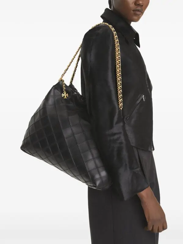 Tory Burch Fleming Diamond Quilted Leather Drawstring Tote Bag - Black