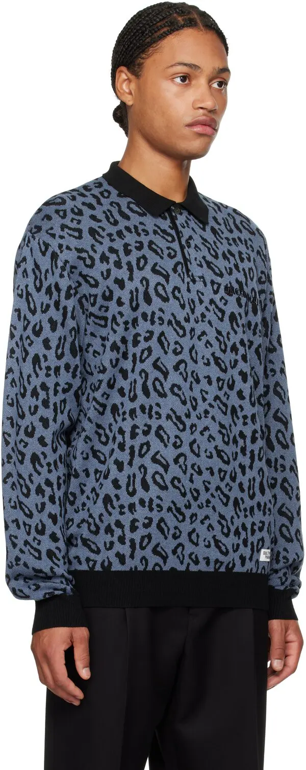 Wacko Maria Leopard Knit Polo In Blue - 53% Off | Editorialist