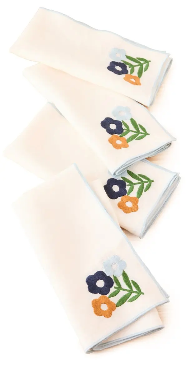 MISETTE Floral Embroidered Linen Napkins Set Of 4 - Floral/dark Blue