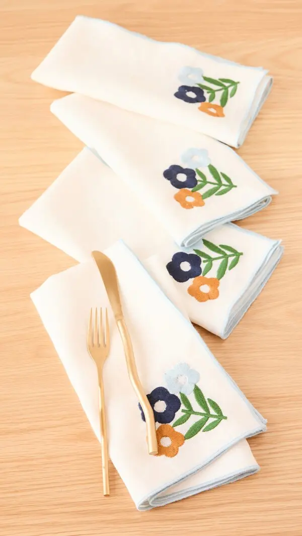 MISETTE Floral Embroidered Linen Napkins Set Of 4 - Floral/dark Blue