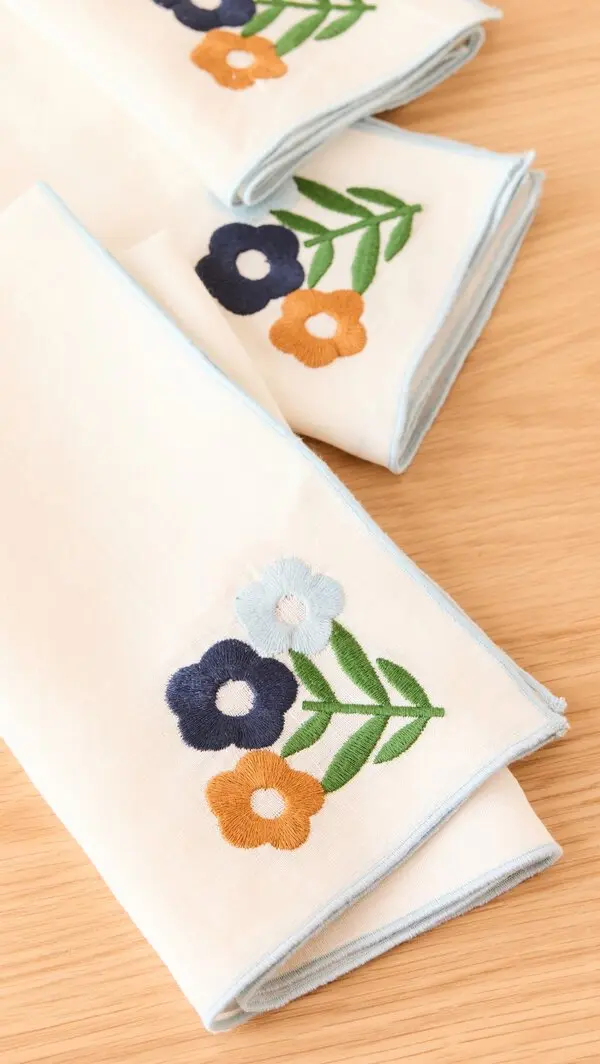 MISETTE Floral Embroidered Linen Napkins Set Of 4 - Floral/dark Blue