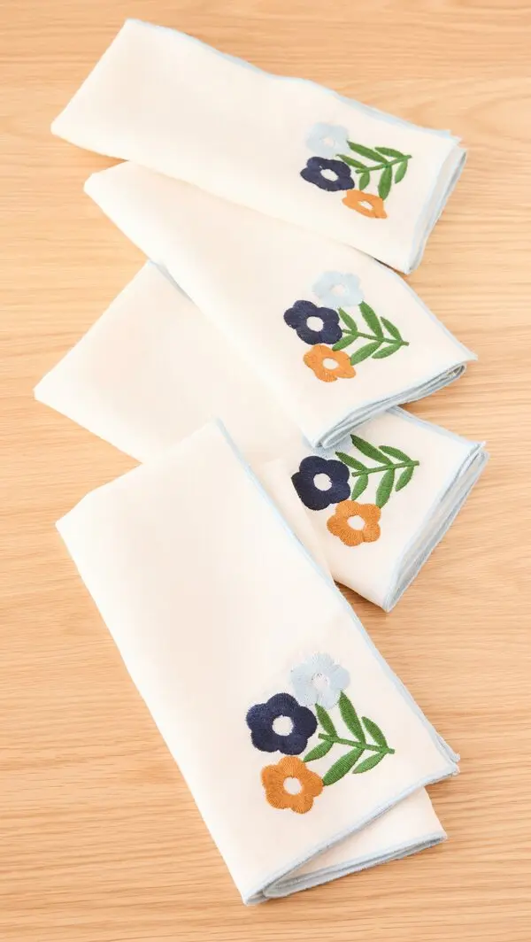 MISETTE Floral Embroidered Linen Napkins Set Of 4 - Floral/dark Blue