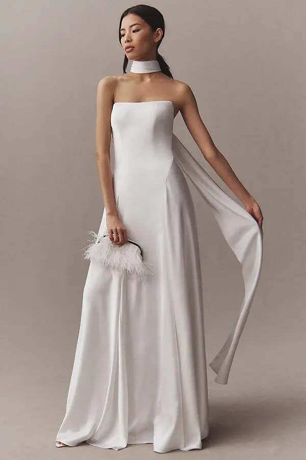 Jenny Yoo Addilyn Strapless Neck-scarf Drop-waist Satin Wedding Gown - Ivory