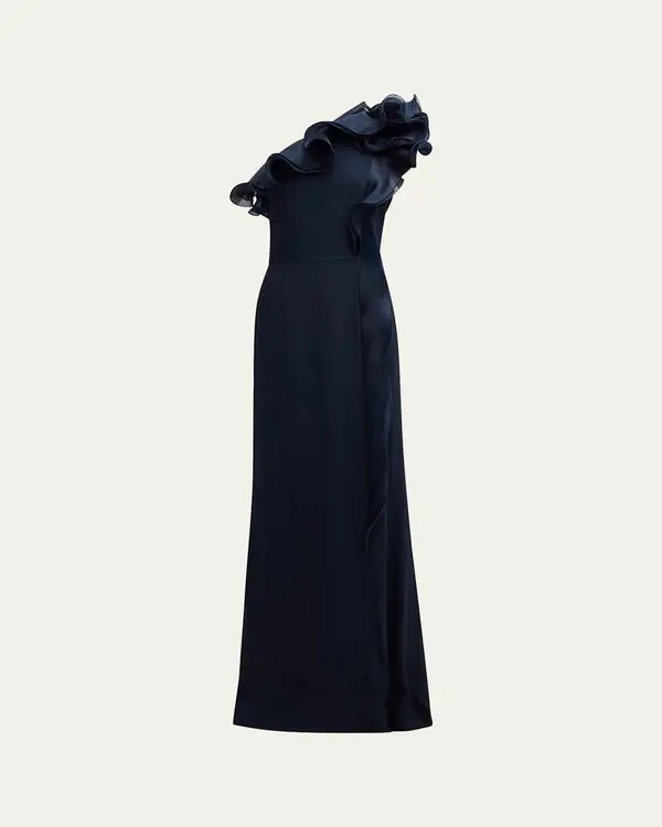 Rickie Freeman For Teri Jon One-shoulder Ruffle Gown - Navy