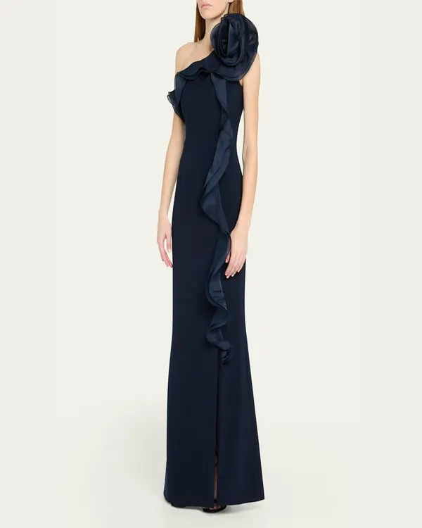 Rickie Freeman For Teri Jon One-shoulder Ruffle Gown - Navy