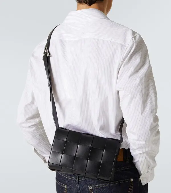 Bottega Veneta Cassette Intreccio Leather Crossbody Bag - Black