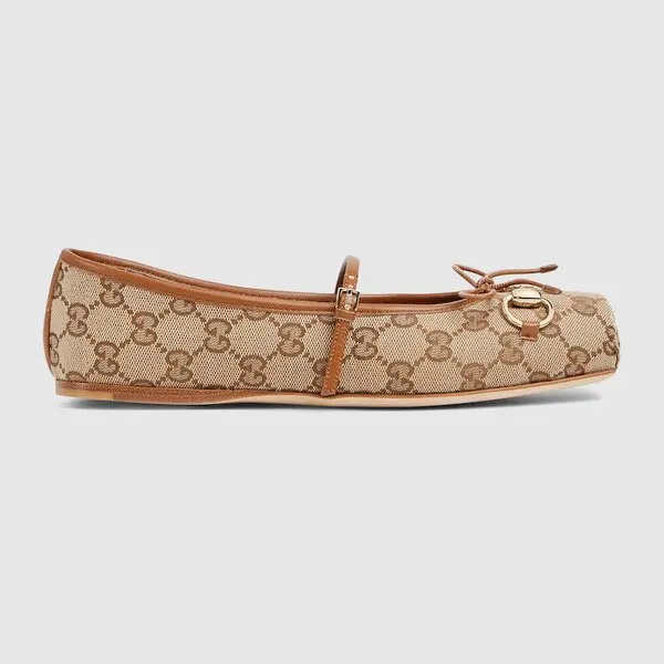 Gucci Horsebit Gg Canvas Ballet Flat - Beige