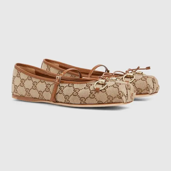 Gucci Horsebit Gg Canvas Ballet Flat - Beige