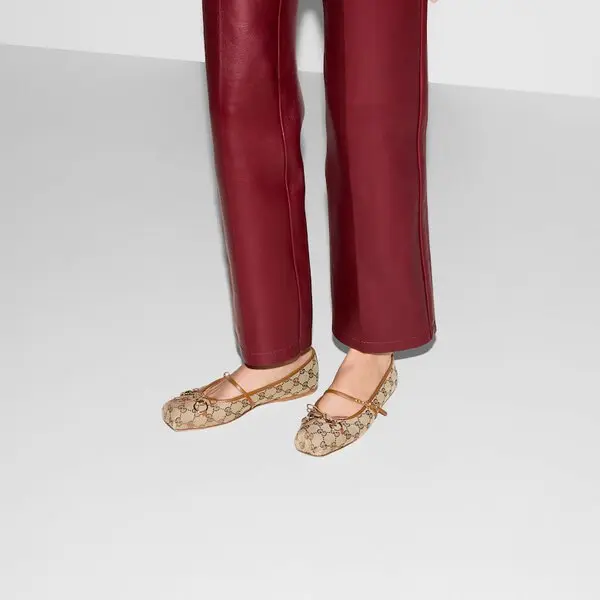 Gucci Horsebit Gg Canvas Ballet Flat - Beige