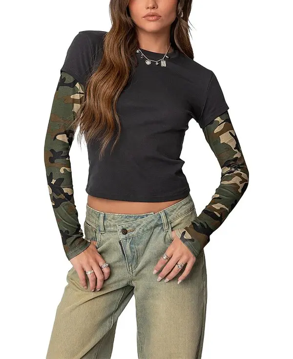 EDIKTED Camo Layered Long Sleeve T-shirt - Dark Gray