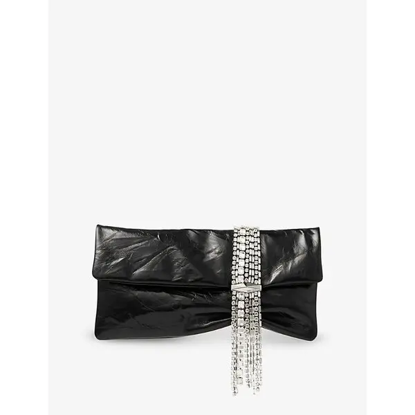 JIMMY CHOO Zandra Crystal-embellished Metallic-leather Clutch Bag - Black/silver