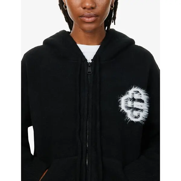 The Couture Club Fluffy Emblem Zip-Up Knitted Hoodie Black