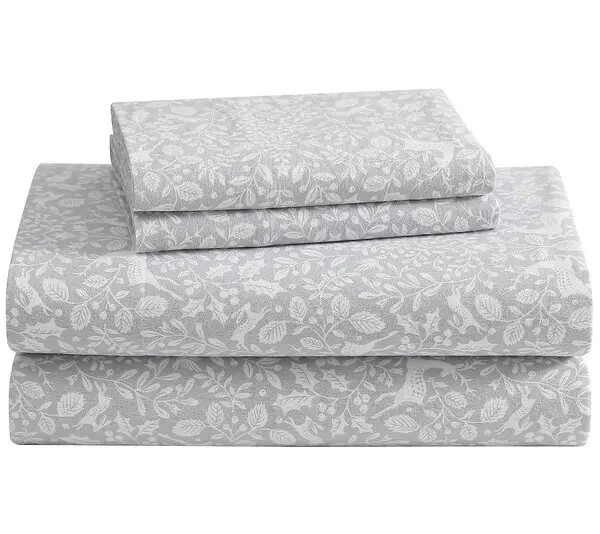 Laura Ashley Deer Dance Grey Twin Flannel Sheet Set - One-color