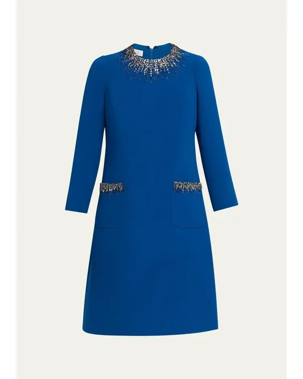 Rickie Freeman For Teri Jon Rhinestone-trim Crepe A-line Dress - Ocean Blue