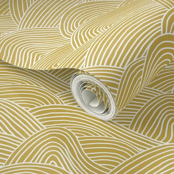 Spoonflower Yellow Ocean Waves Abstract Custom Pre-pasted Wallpaper - Brown,yellow,beige