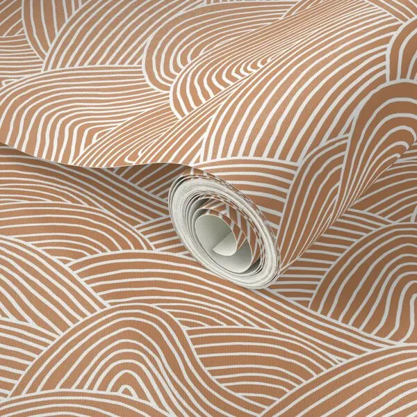 Spoonflower Ocean Waves Surf Abstract Water Scandinavian Custom Pre-pasted Wallpaper - Orange,white,brown