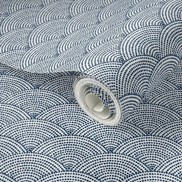 Spoonflower Navy And White Blue Dot Scallop Custom Pre-pasted Wallpaper - Navy,blue