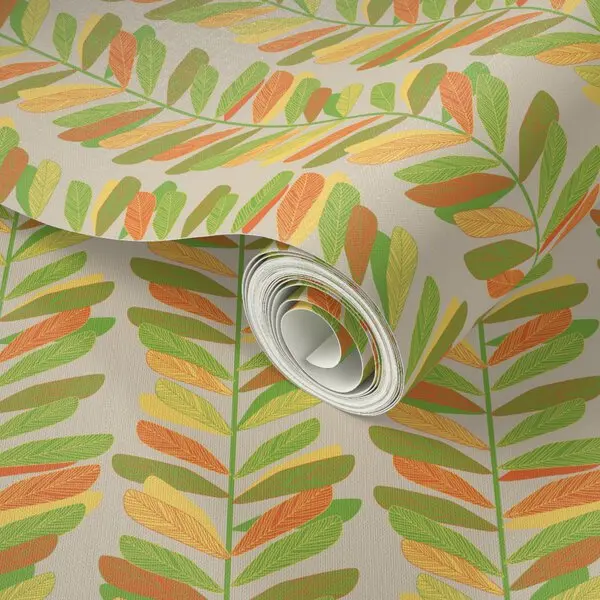 Spoonflower Stripe Green Yellow Leaves Orange Branches Custom Removable Wallpaper - Green,beige,orange