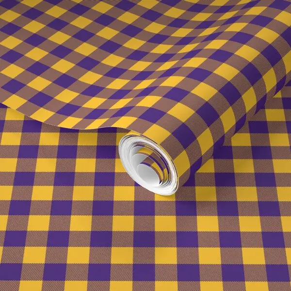 Spoonflower Purple Gold Buffalo Plaid Football Custom Pre-pasted Wallpaper - Brown,yellow,purple