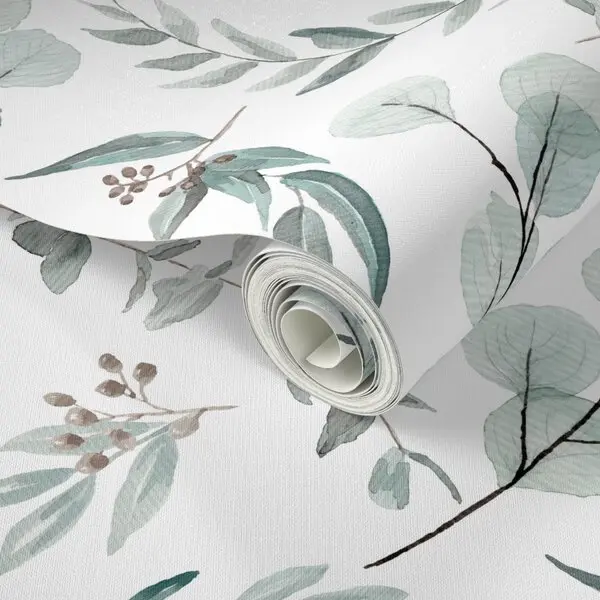Spoonflower White Australian Eucalyptus Leaves Botanical Flora Custom Removable Wallpaper - White,green,gray