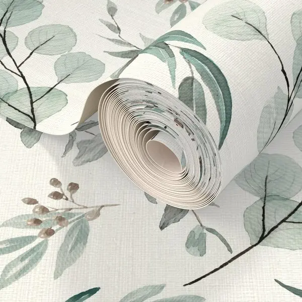 Spoonflower White Australian Eucalyptus Leaves Botanical Flora Custom Removable Wallpaper - White,green,gray