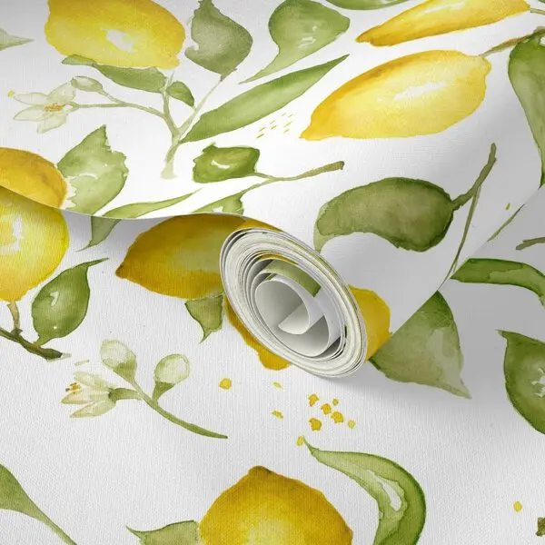 Spoonflower Yellow Fruit Small Citrus Summer Blossom Custom Removable Wallpaper - Yellow,green,beige