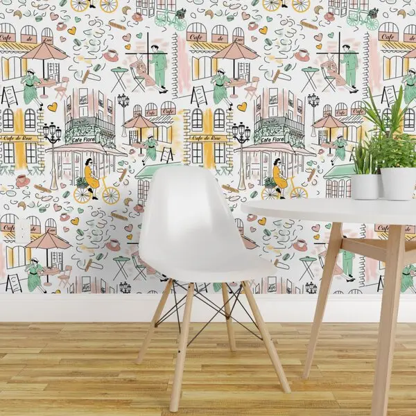 Spoonflower De Love Air Vintage Coffee Illustration Bicycle Traditional Wallpaper
